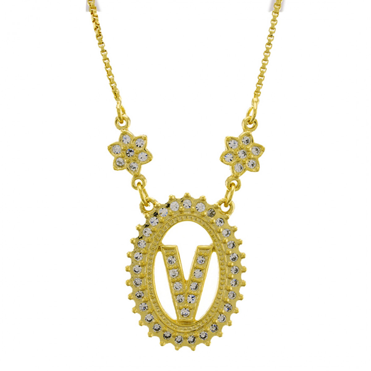 Colar Letra " V " Cravejada Zircônia Banhado Ouro Amarelo 18 K - 1061250
